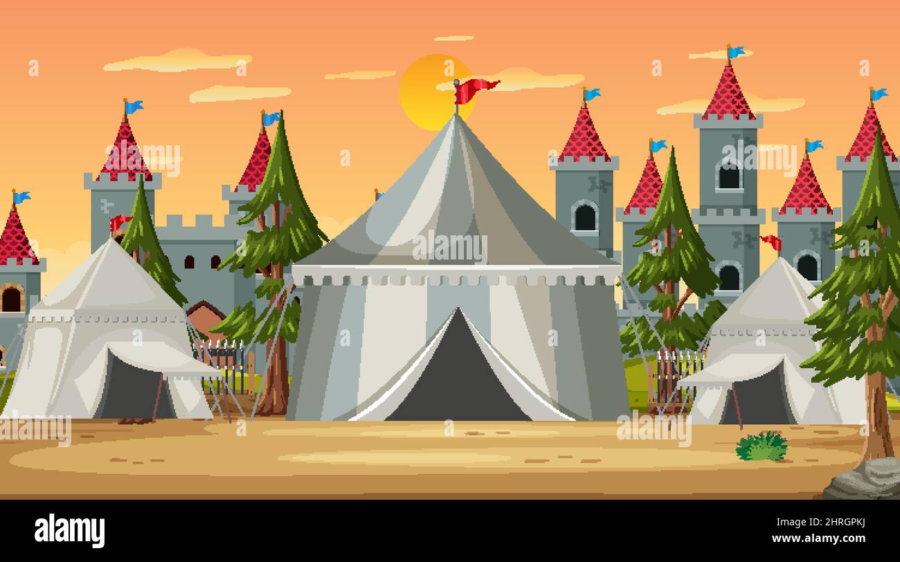 Medieval town scene camp with tents and castle illustration Stock ...