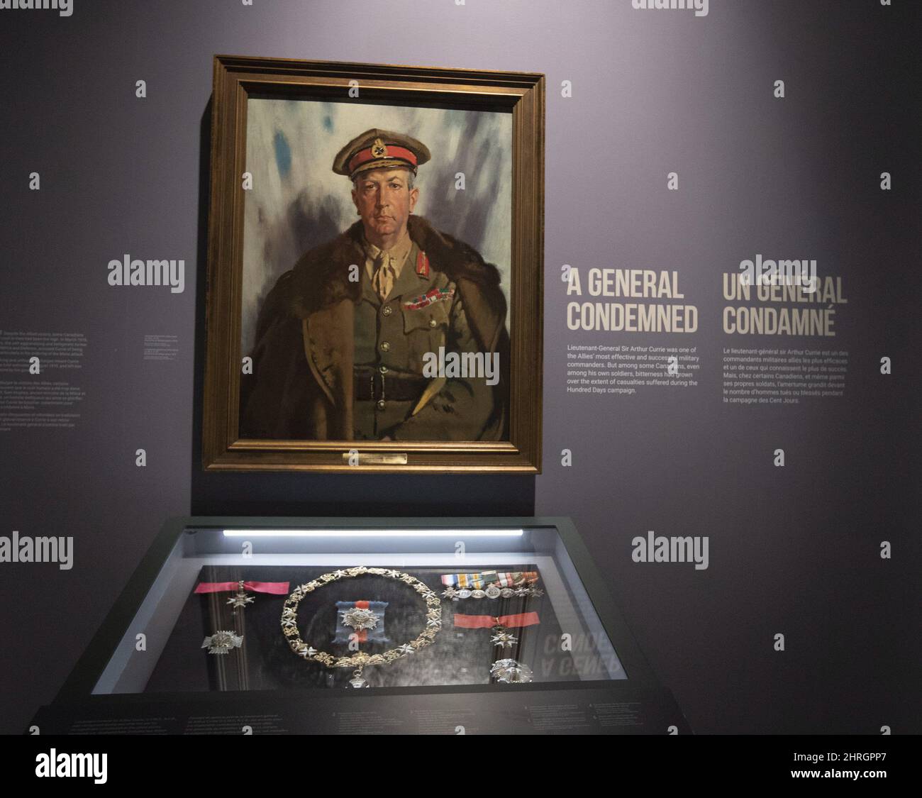 A portrait of Lieutenant-General Sir Arthur Currie is shown at an ...