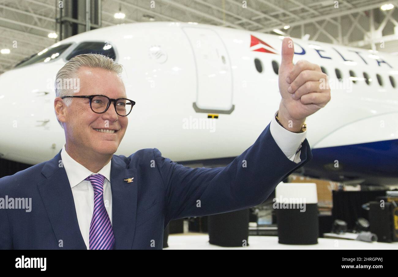 Delta Air Lines CEO Ed Bastian gives a thumbs up following a ceremony ...
