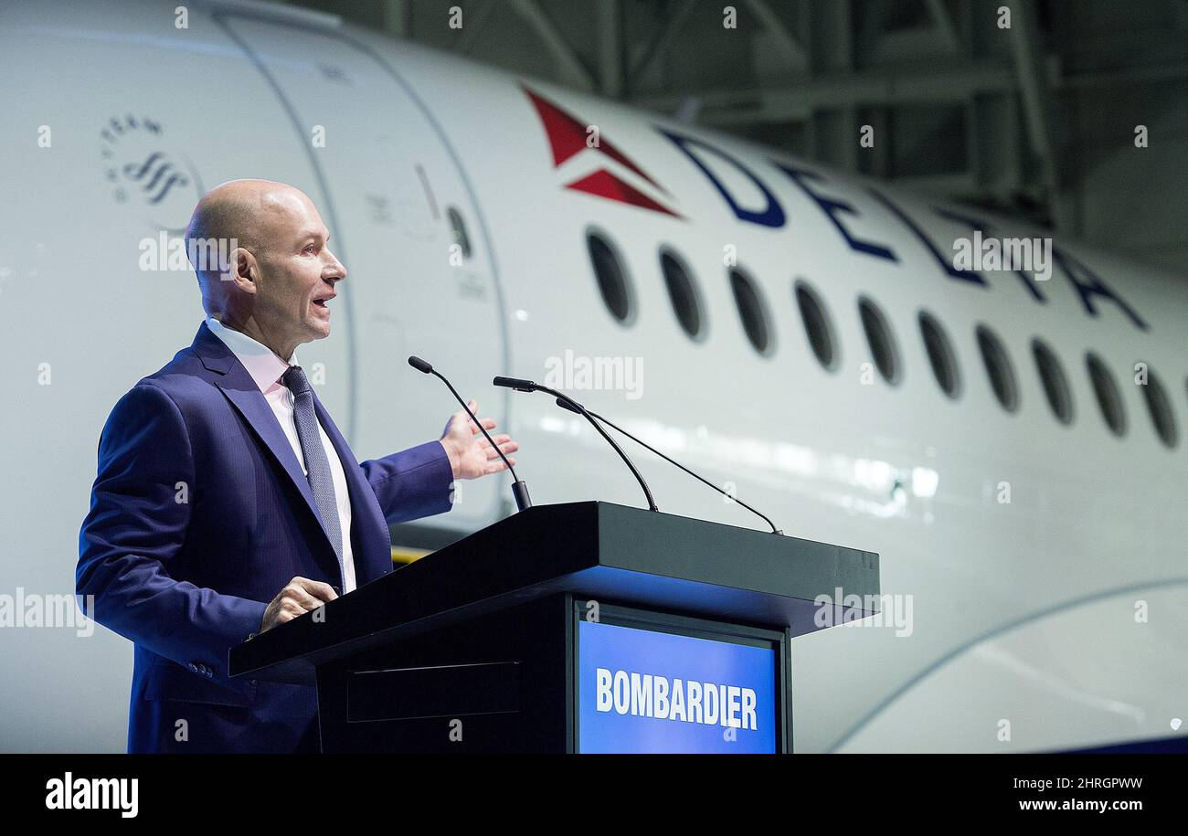 Bombardier President and CEO Alain Bellemare speaks during a ceremony ...