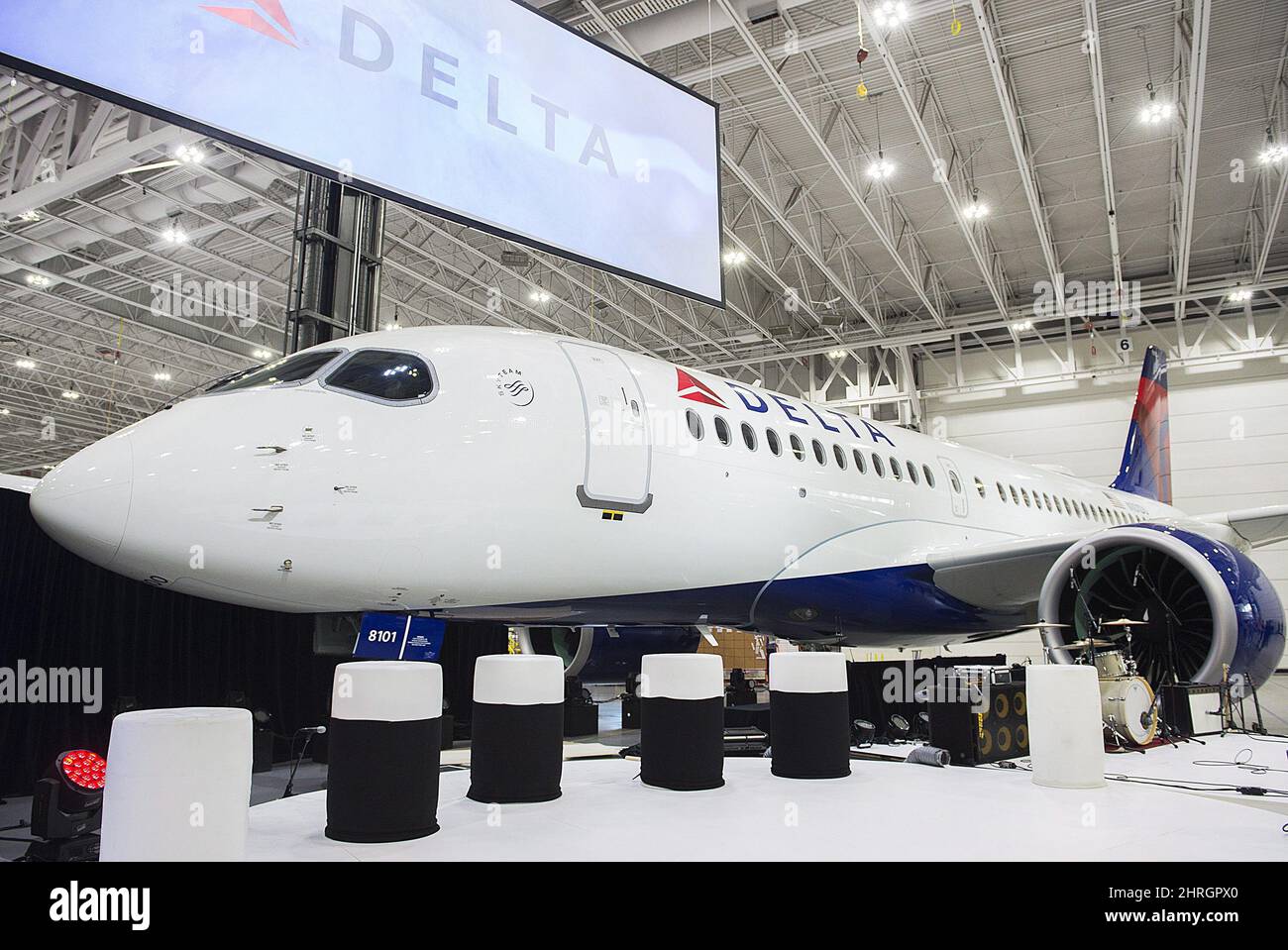 An Airbus Delta Airlines A220 aircraft is shown at a Bombardier ...