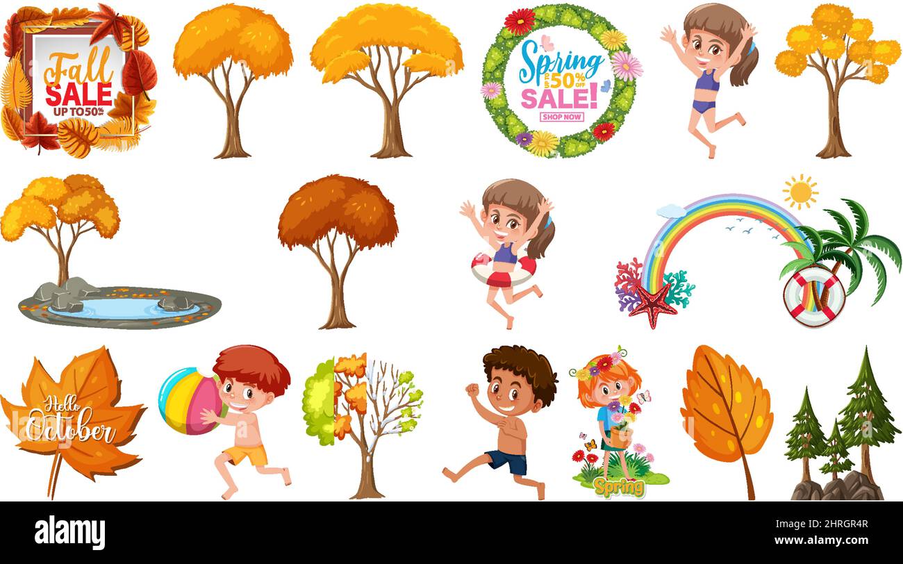 Set of four seasons trees and nature objects illustration Stock Vector ...