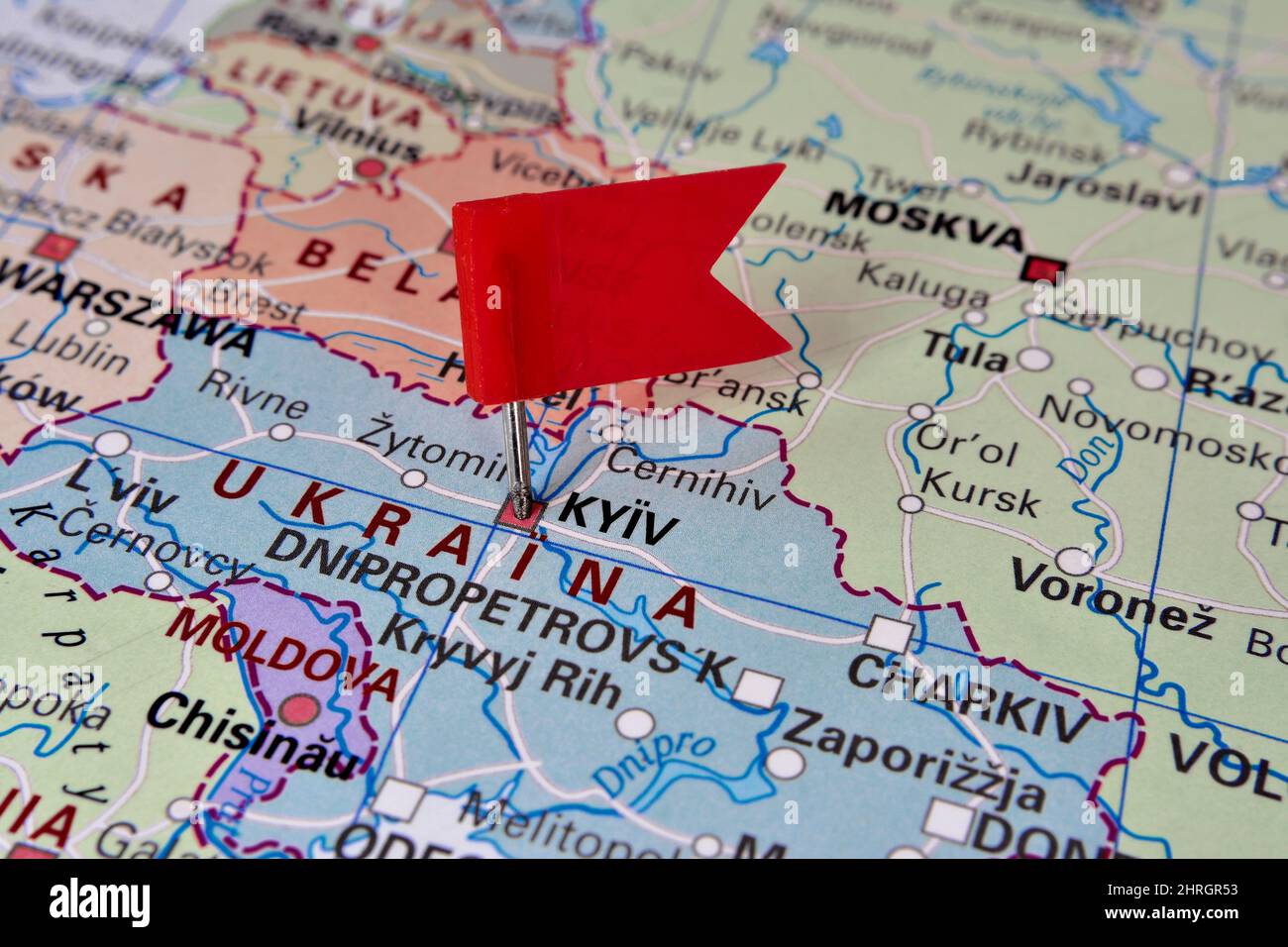 Red flag marked Kiev (Kyiv) on map in Ukraine Stock Photo - Alamy