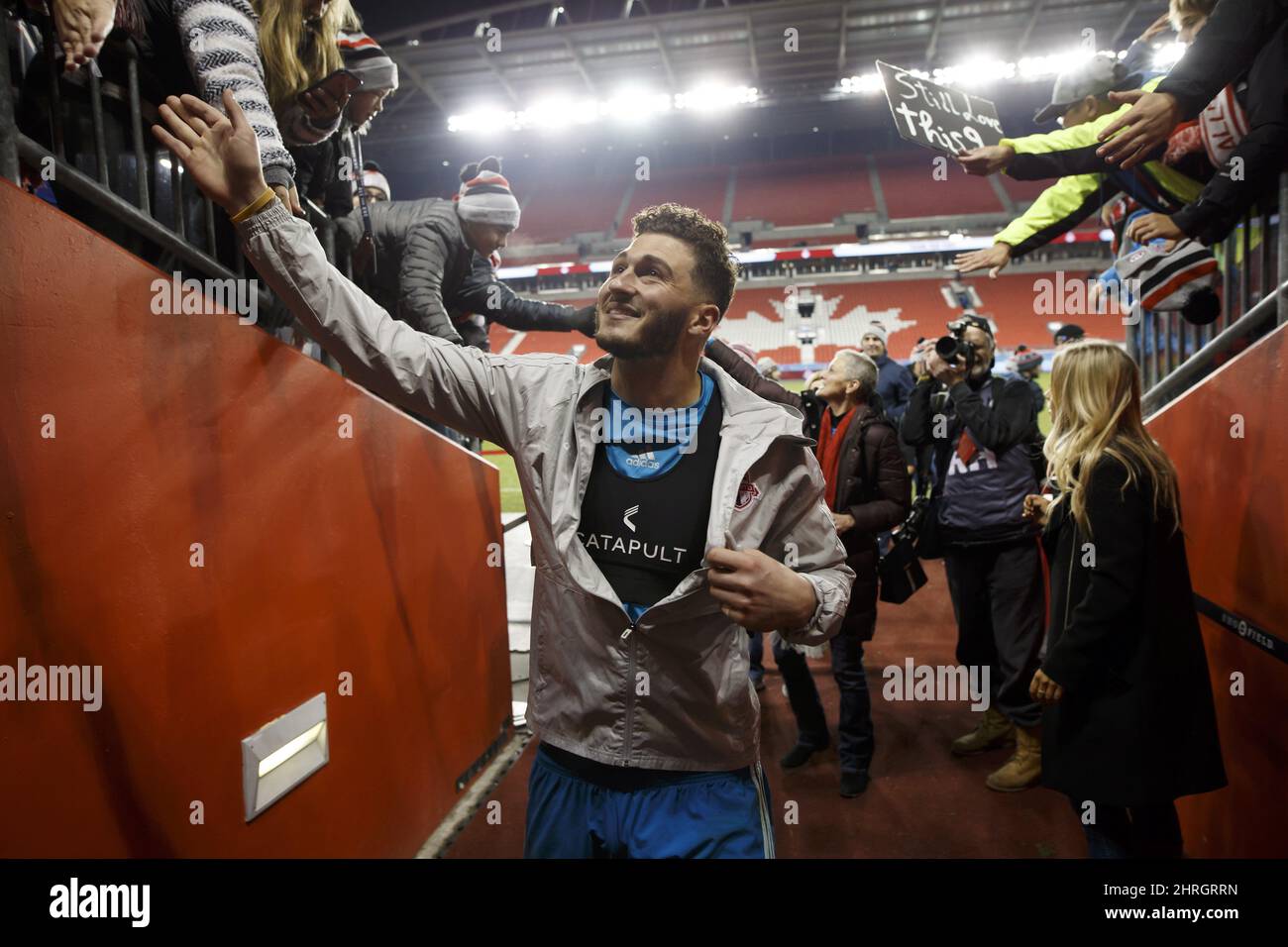 Toronto FC goalkeeper Alex Bono (25) leaves the field after defeating ...