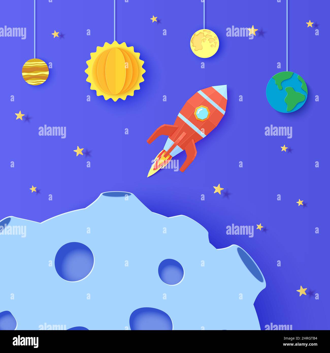 Space with planets and red rocket in paper cut style. Cut out 3d ...