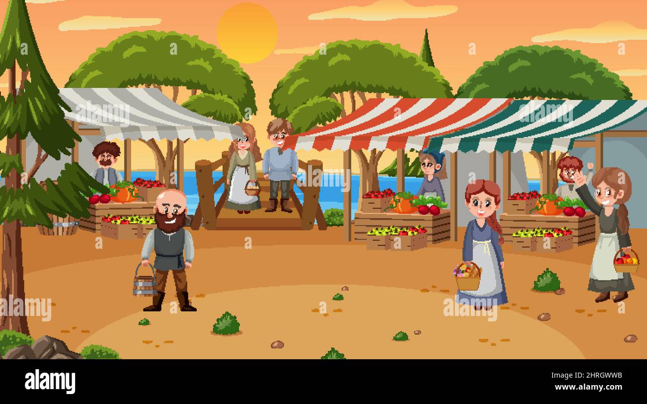 Medieval town scene with villagers illustration Stock Vector Image ...