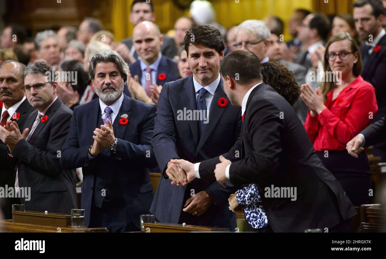 Prime Minister Justin Trudeau receives a handshake after delivering a ...