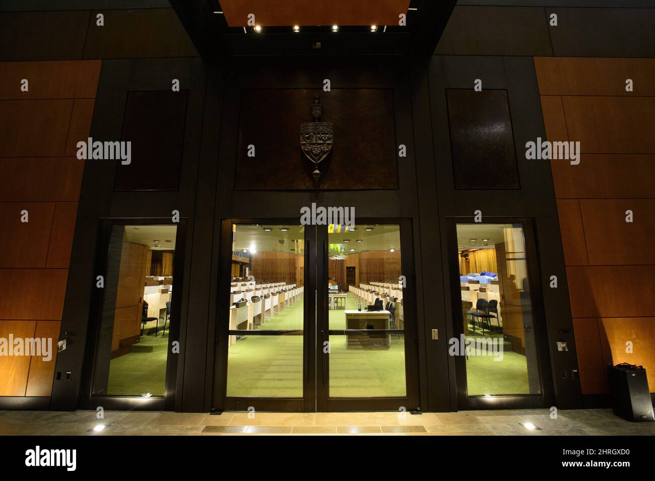 The inside entrance to the new temporary House of Commons is viewed ...