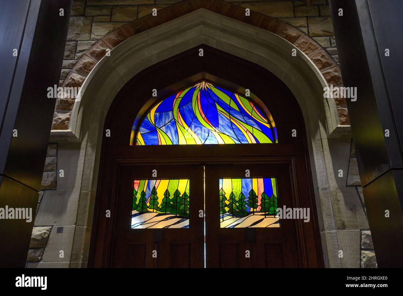 Stained glass work on the entrance doors to the new temporary House of ...