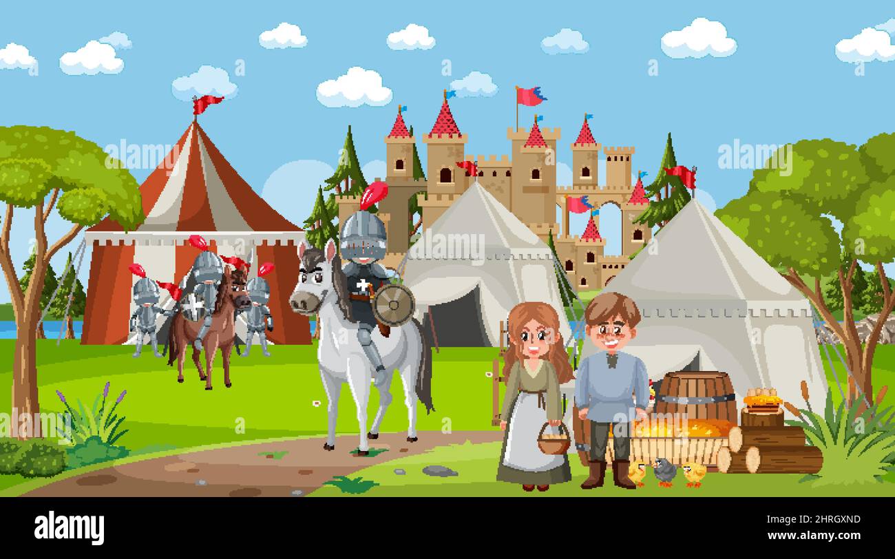 Medieval town scene camp with tents and castle illustration Stock ...