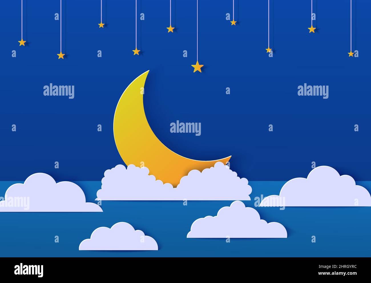 Night sky and crescent paper cut style. Cut out 3d evening landscape ...