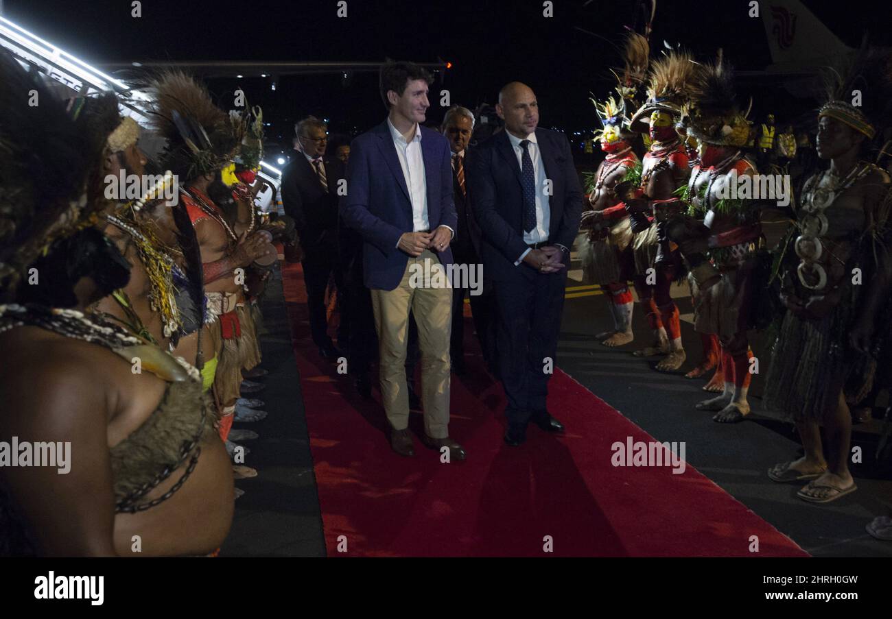 Canadian Prime Minister Justin Trudeau is greeted by Charles Abel ...