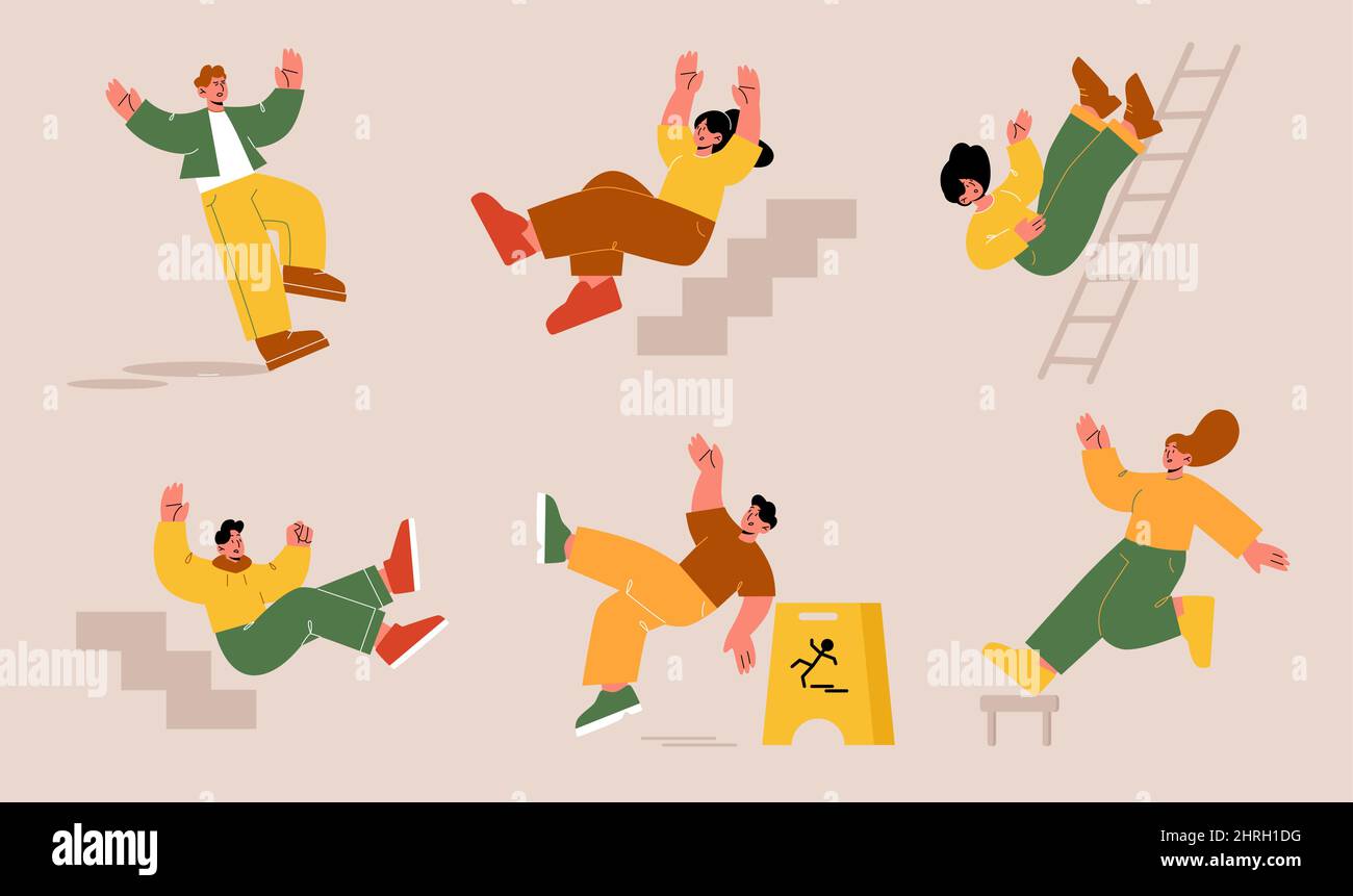 Clumsy people falling, male and female characters fall down due ...