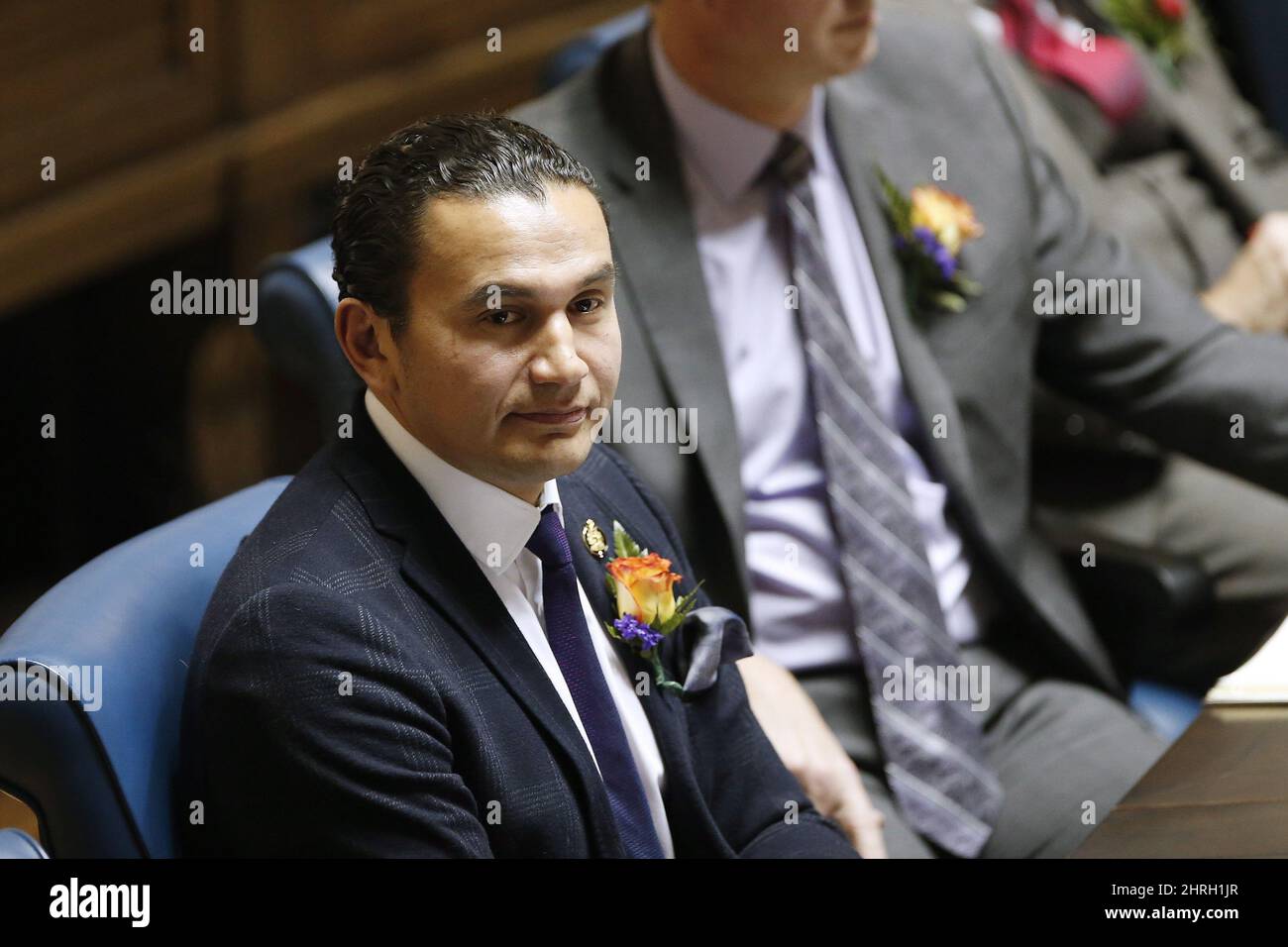 Manitoba opposition leader Wab Kinew listens as Lieutenant Governor of ...