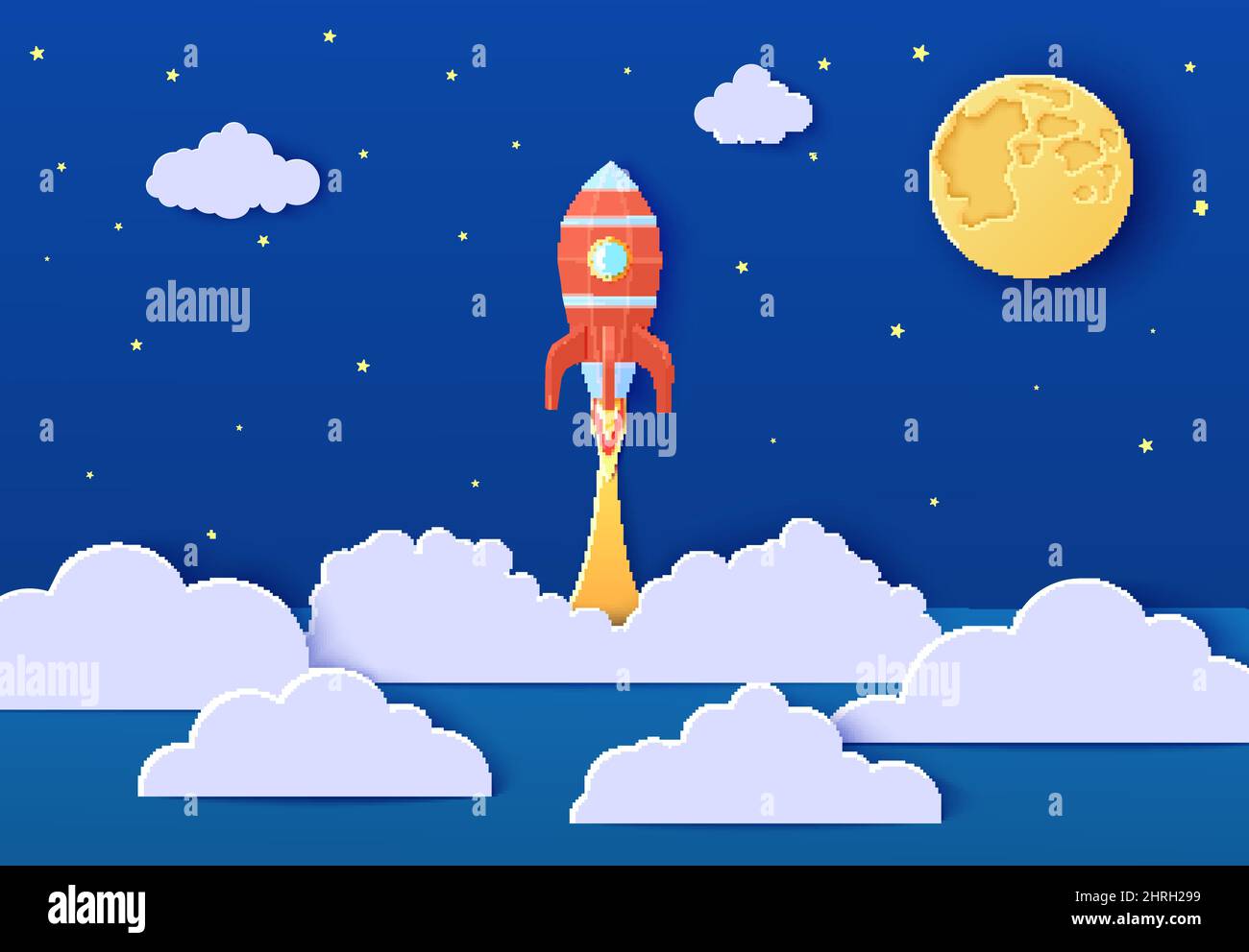 Red rocket launch in space in paper cut style. Galaxy landscape 3d ...