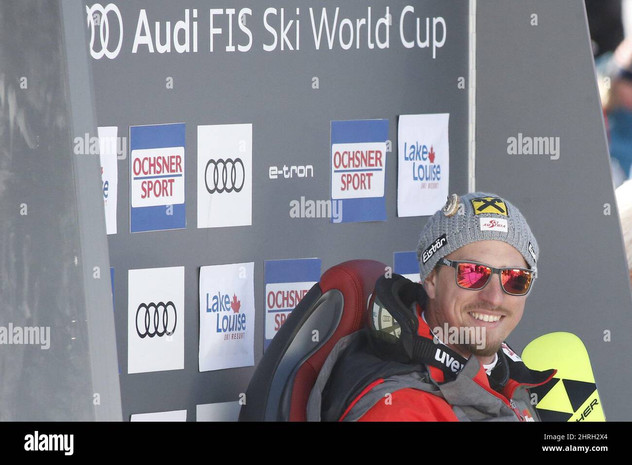 Max Franz of Austria sits in the leaders chair in the finish area ...