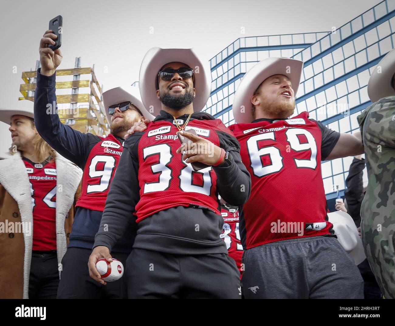 Calgary Stampeders, left to right, Michael Kashak, Terry Williams, and ...