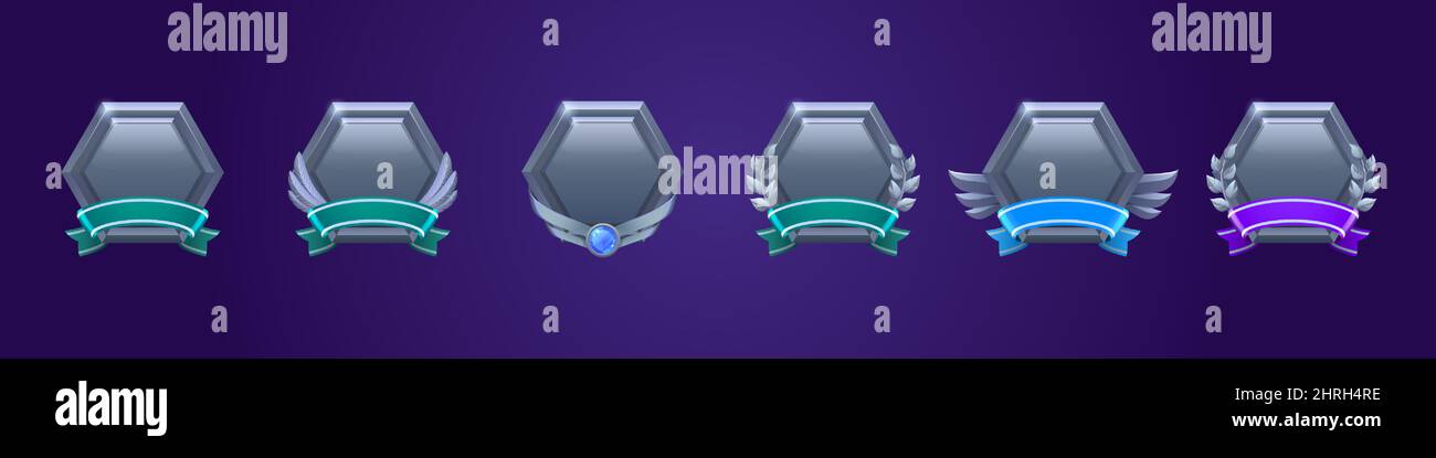Game level metallic ui icons, empty hexagon badges with banners, wings ...