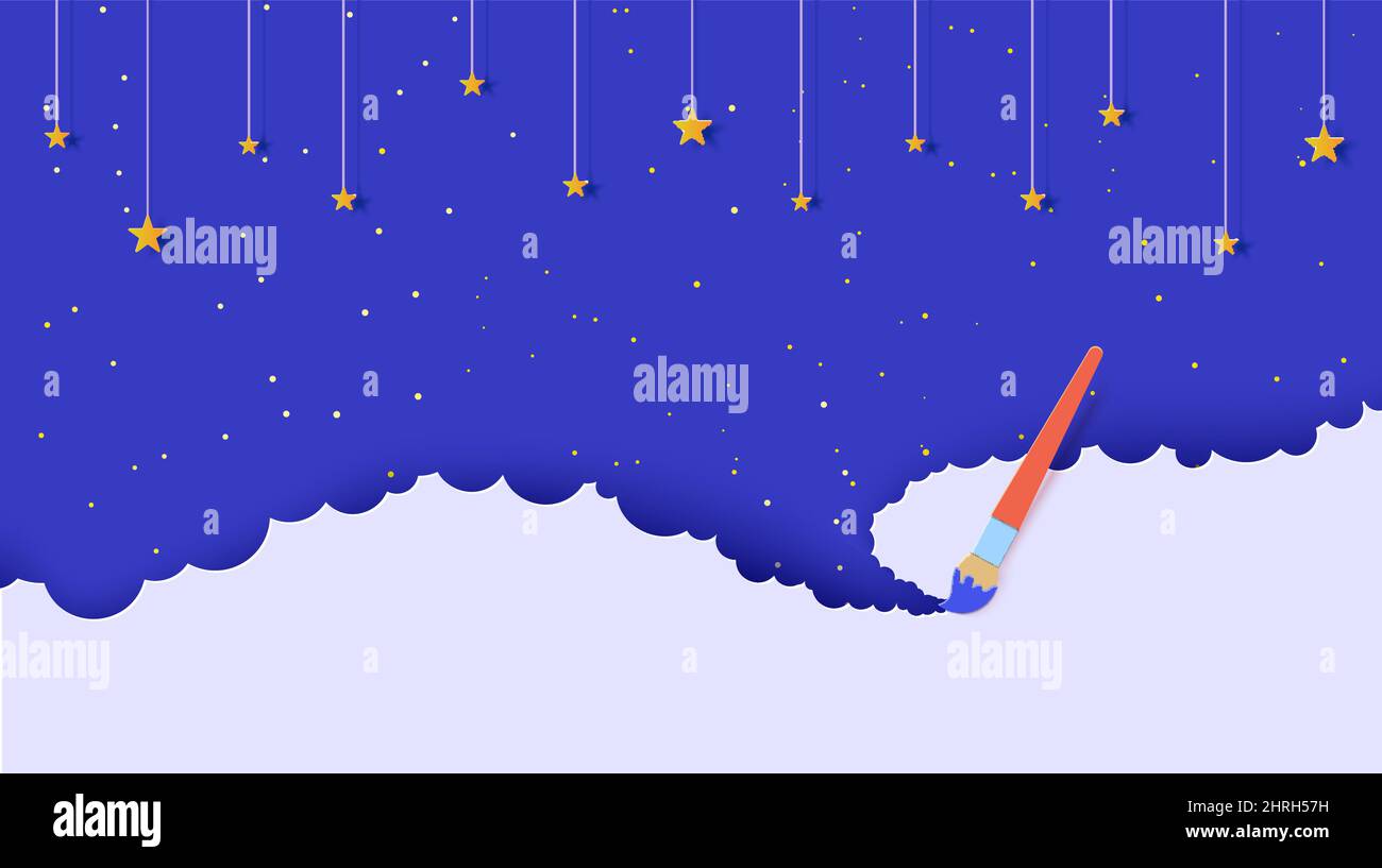 Night sky in paper cut style. Cut out 3d background with wavy cloudy border with brush and gold ...