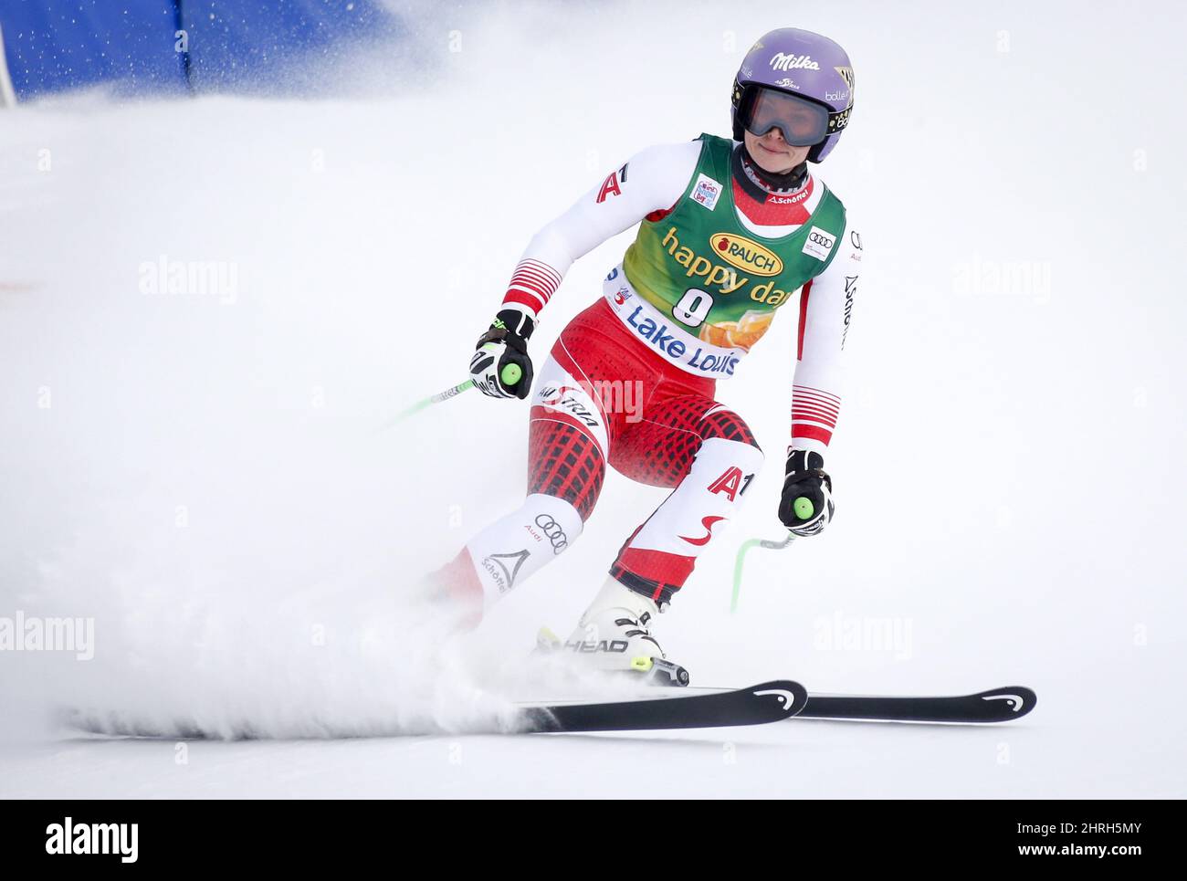 Austria's Anna Veith reacts in the finish area following her run in the ...