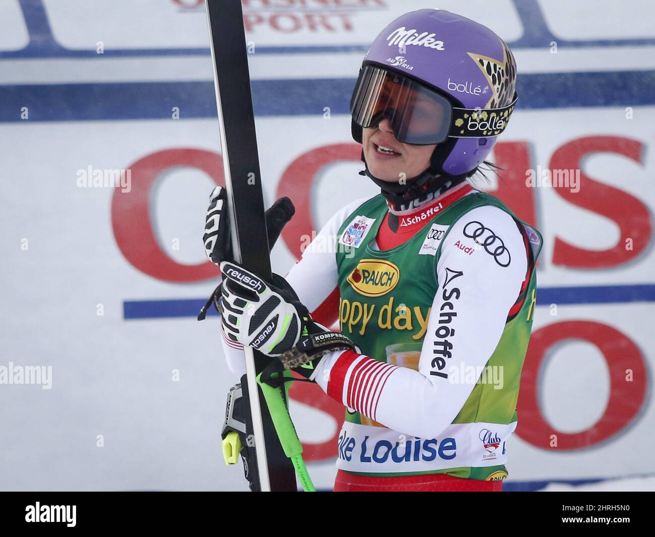 Austria's Anna Veith reacts in the finish area following her run in the ...