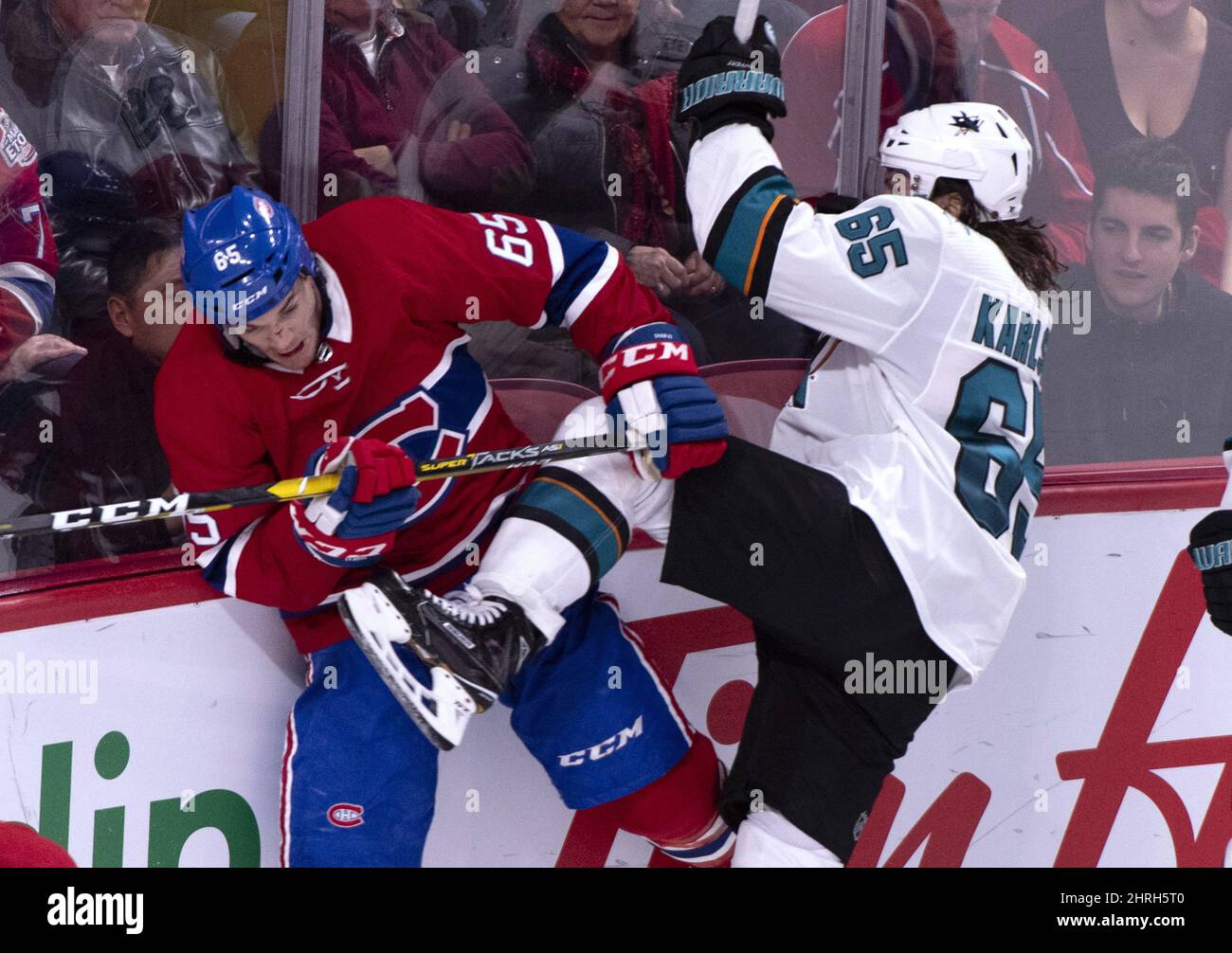 Montreal Canadiens' Andrew Shaw avoids San Jose Sharks' Erik Karlsson ...