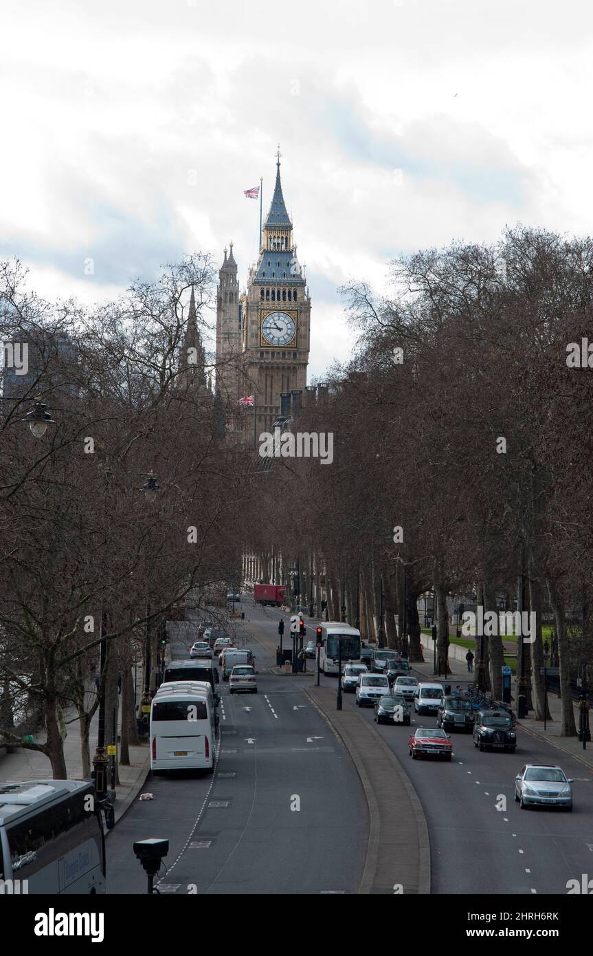 Aerial view of a wide street in London, with trees at both sides. Big ...