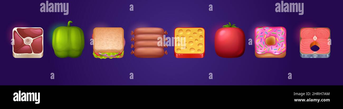 Square food icons, buttons with texture of fish, meat, cheese, sandwich ...