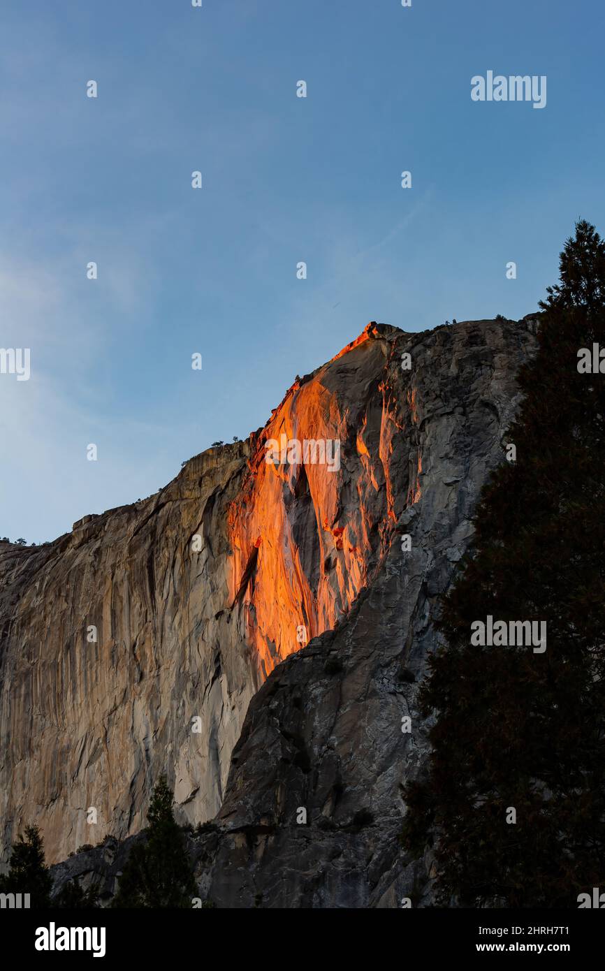 Sunset view of the horsetail fall in Yosemite National Park at ...