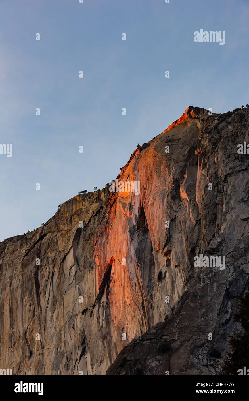 Sunset view of the horsetail fall in Yosemite National Park at ...