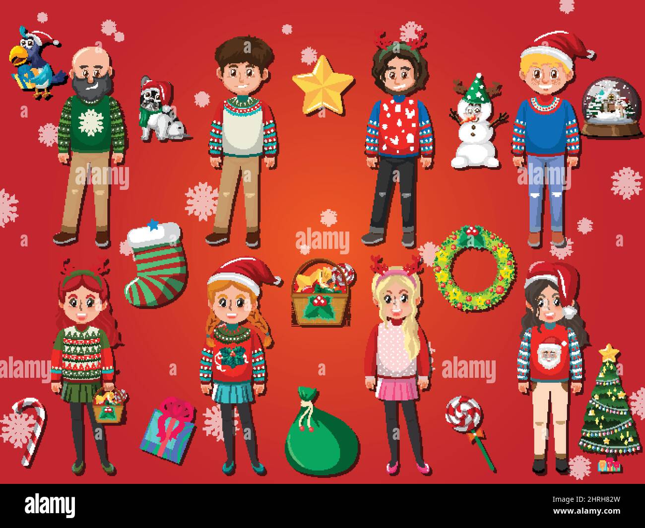 Different cartoon characters wearing Christmas outfits illustration ...