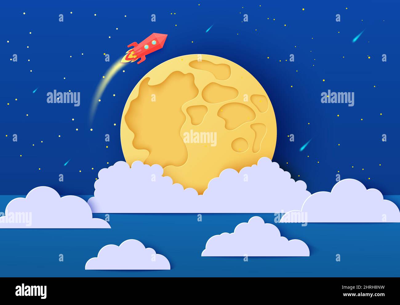 Red rocket launch in space in paper cut style. Absrtact galaxy universe ...