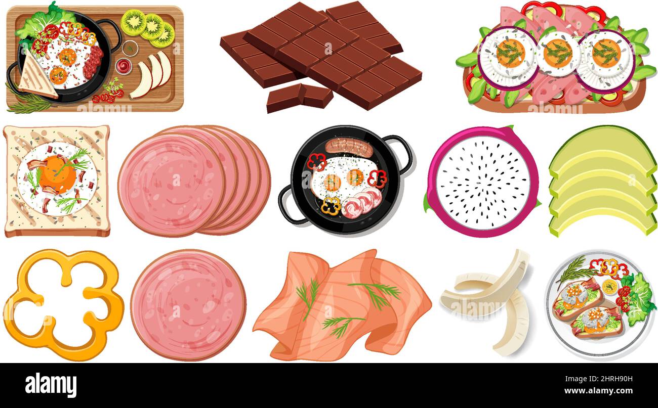 Collection of food ingredients on white background illustration Stock ...