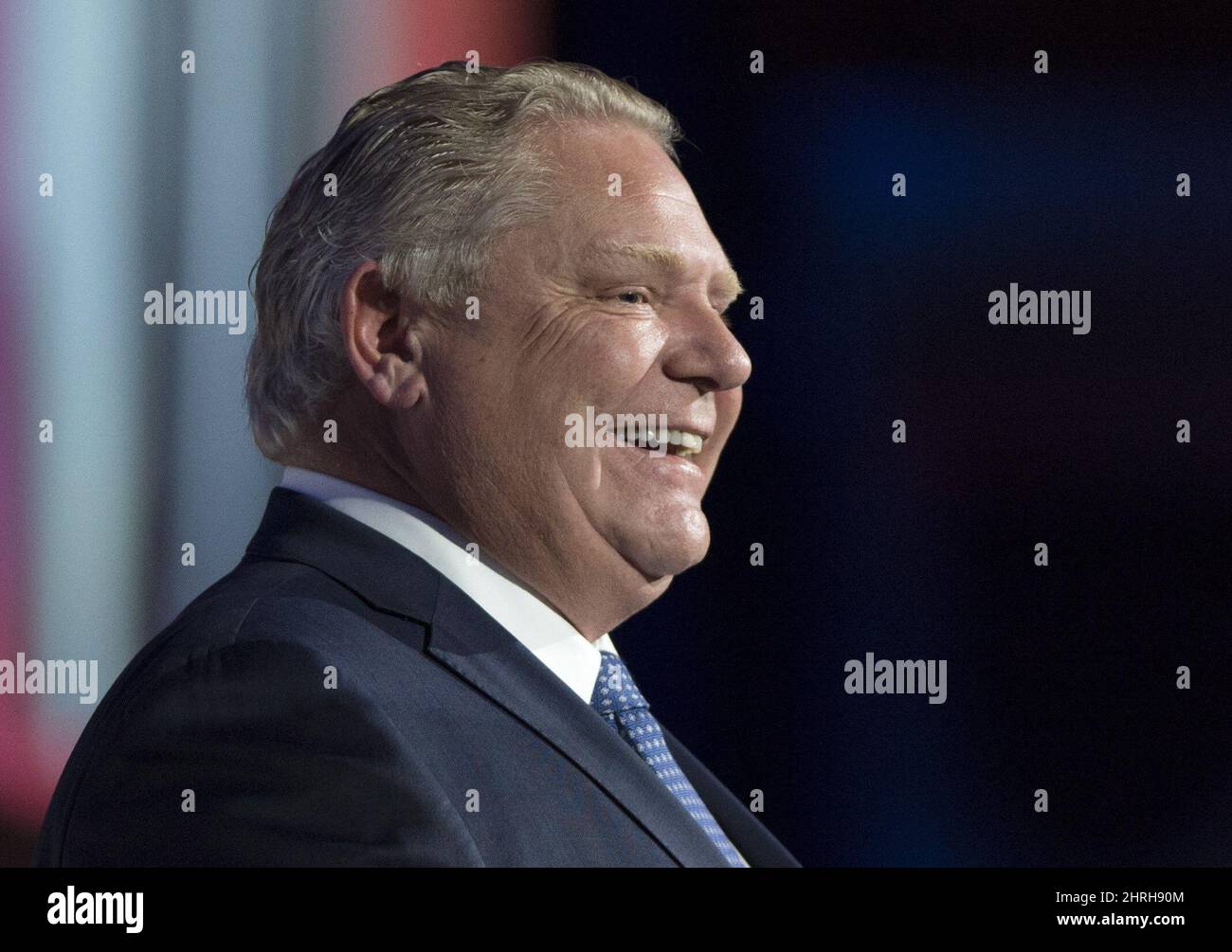 Ontario Premier Doug Ford smiles while speaking in Toronto on Wednesday ...