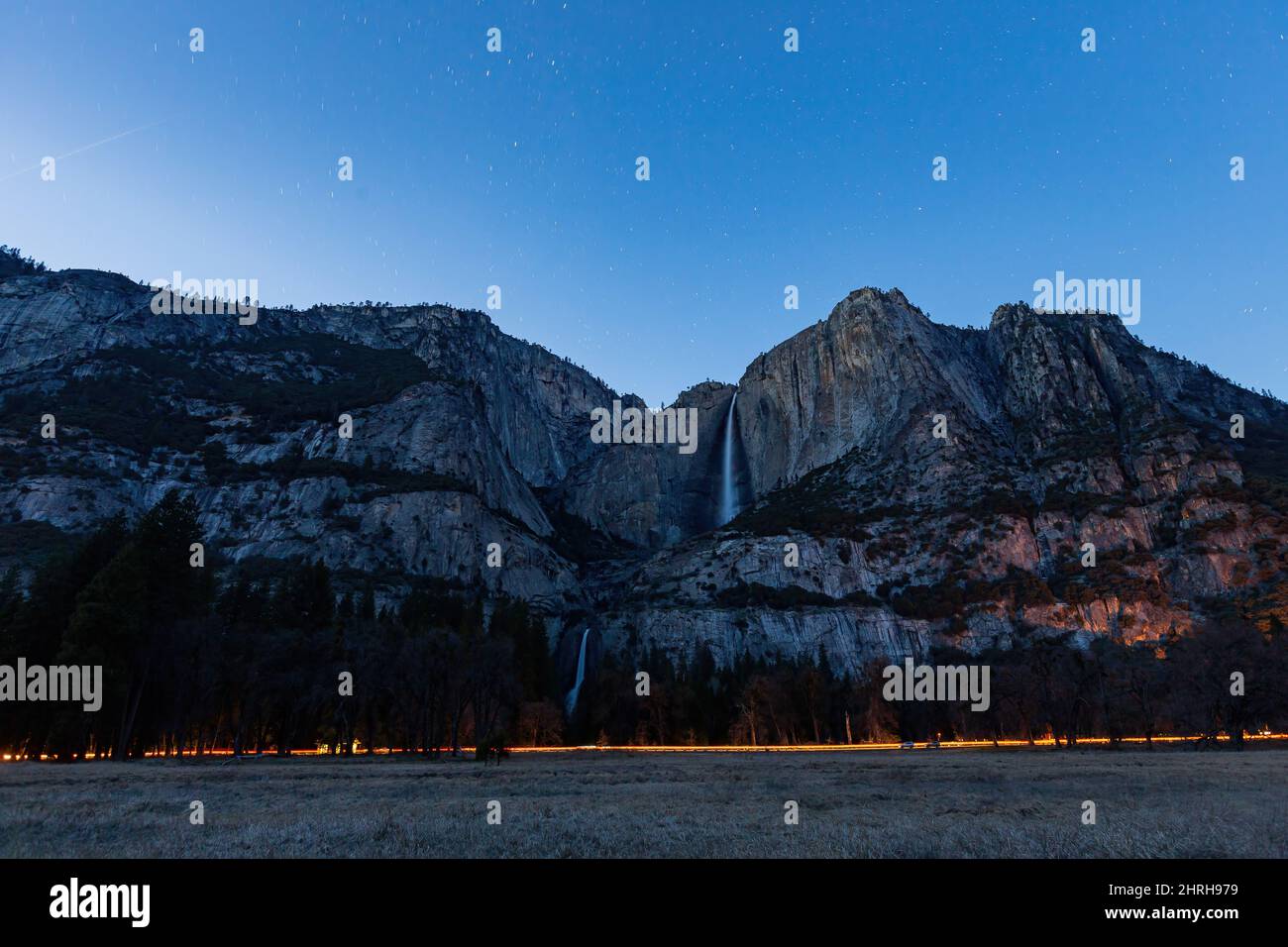Night view of the upper Yosemite Falls of Yosemite National Park at ...