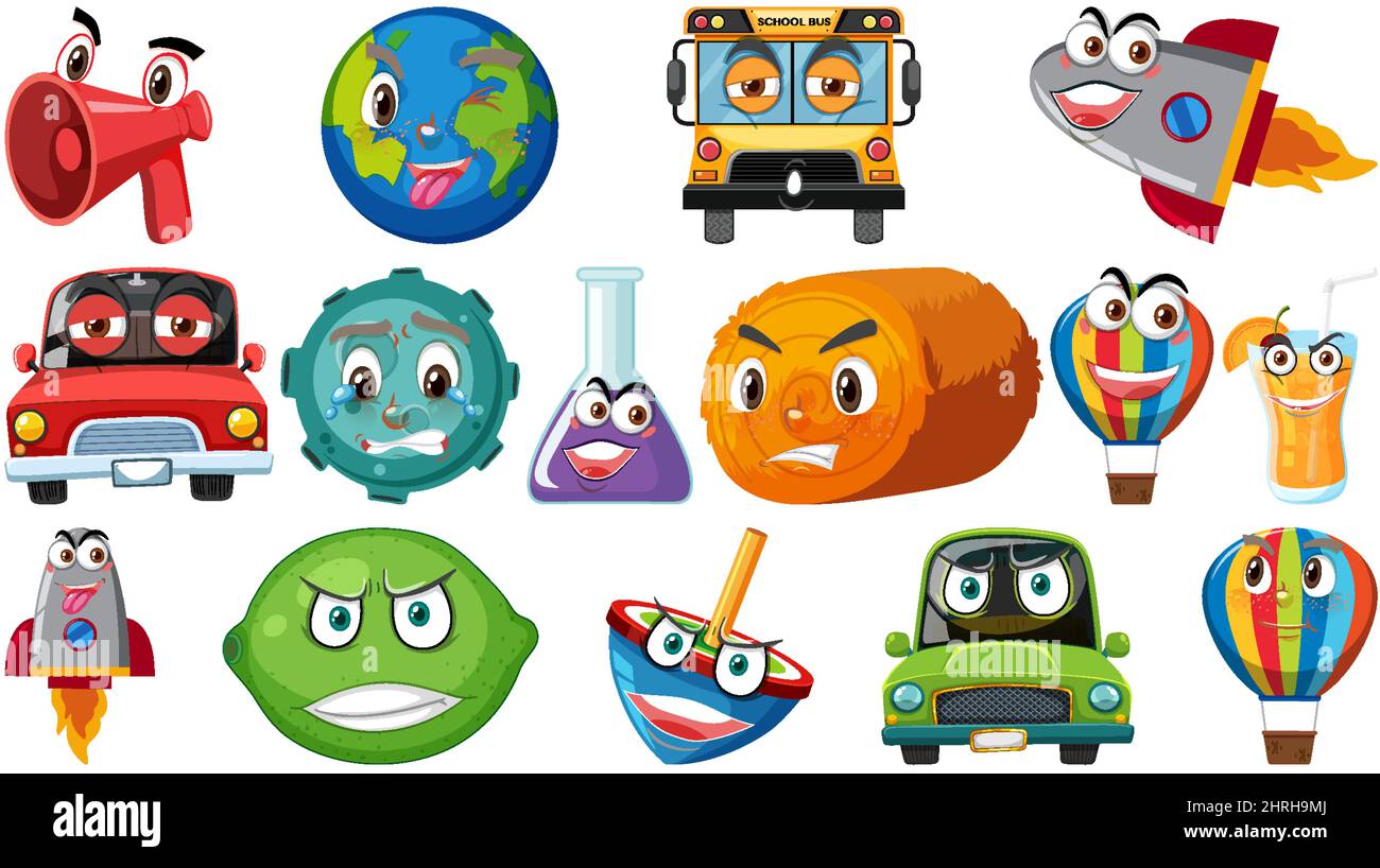 Set of different toy objects with smiley faces illustration Stock ...
