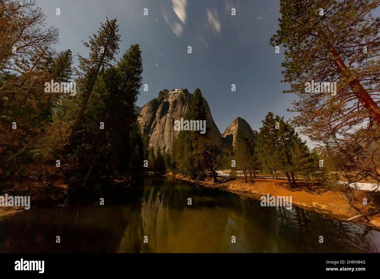 Night view of the merced river landscape of Yosemite National Park at ...