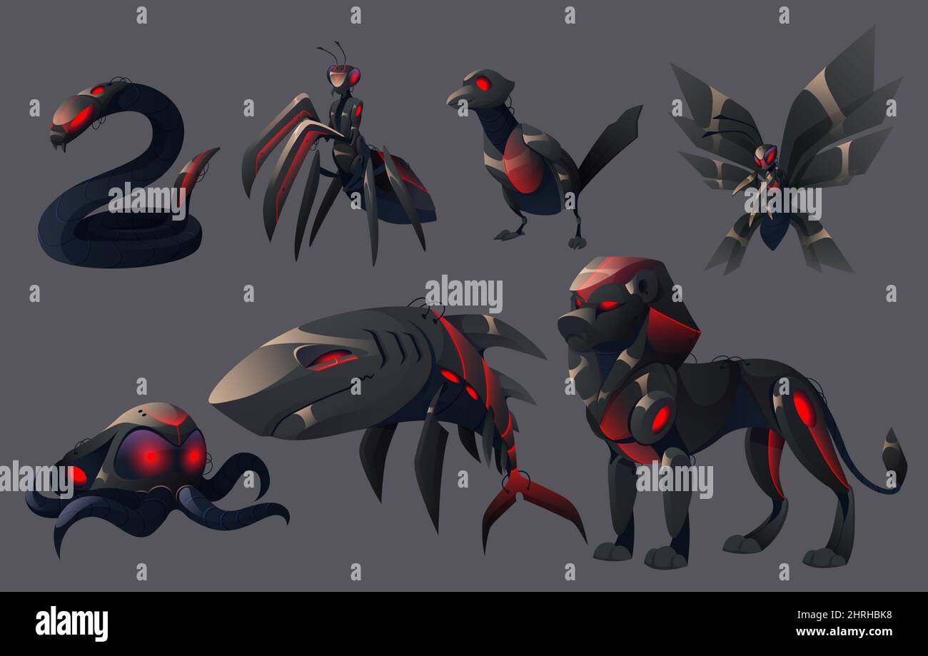 Evil mechanical animals, lion, shark, octopus, butterfly and bird ...