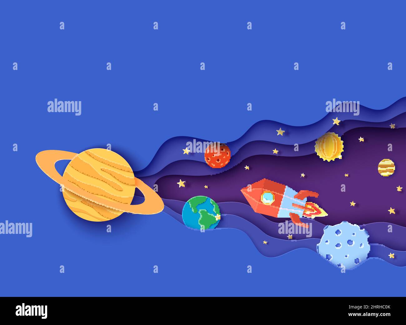 Space with red rocket and planets in paper cut style. Cut out 3d ...