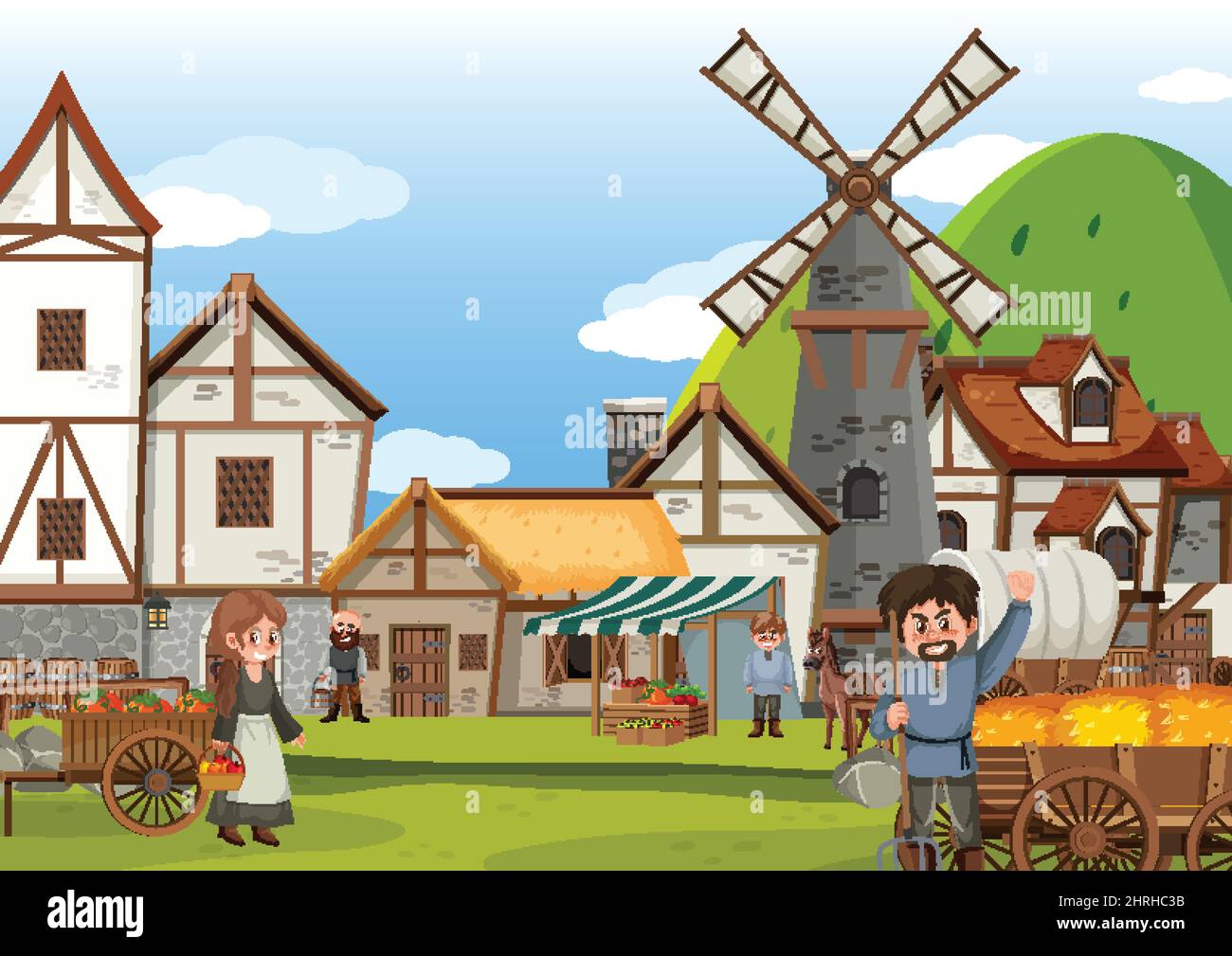 Ancient medieval village scene with villagers illustration Stock Vector ...