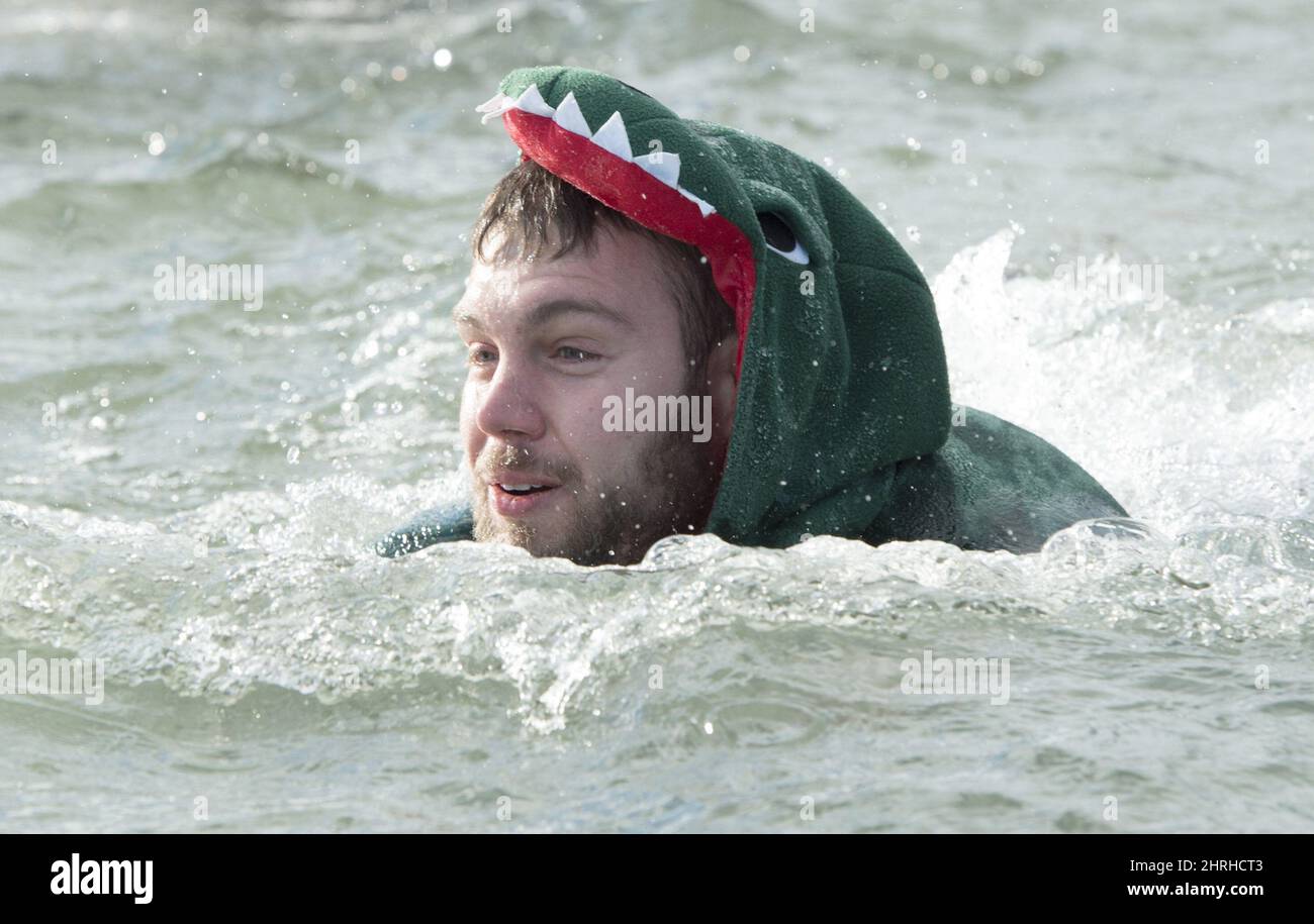 One Of Hundreds Of Intrepid Bathers Takes Part In The Courage Polar