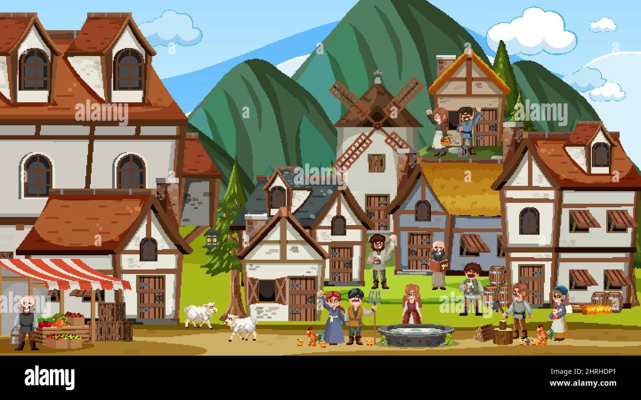 Medieval town scene with villagers illustration Stock Vector Image ...