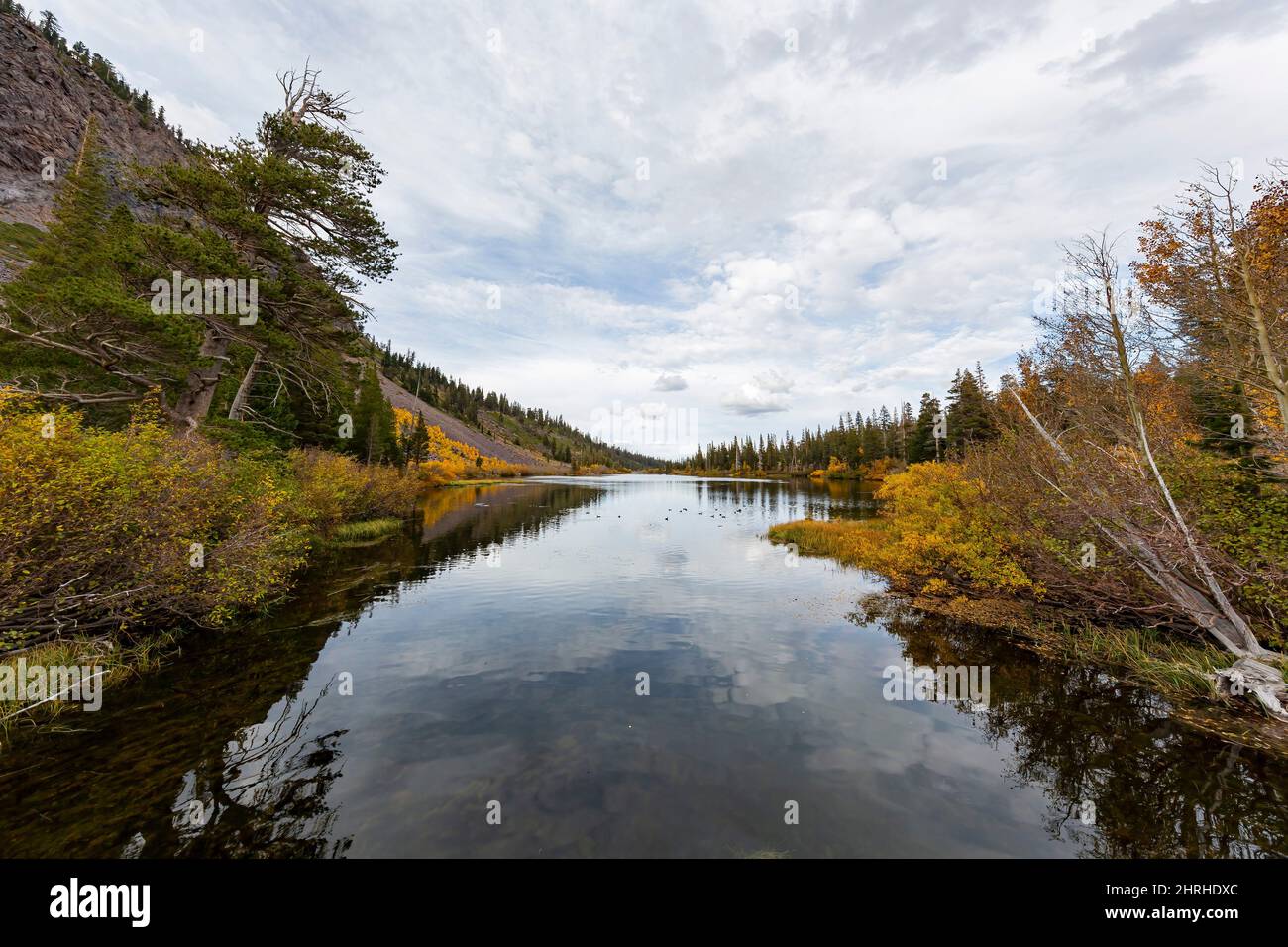 Overcast view of the fall color of Twin Lake of Mammoth Lake at ...