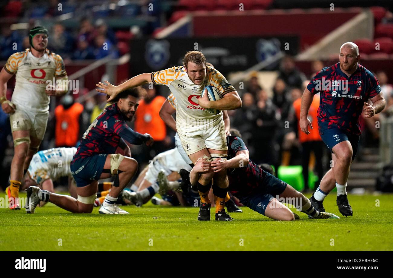 Wasps' Joe Launchbury is tackled by Bristol Bears' Jake Heenan during ...