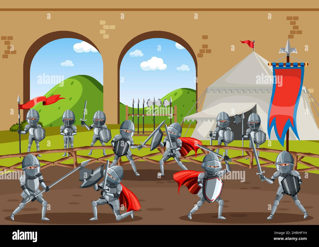 Medieval scene with knights jousting illustration Stock Vector Image ...