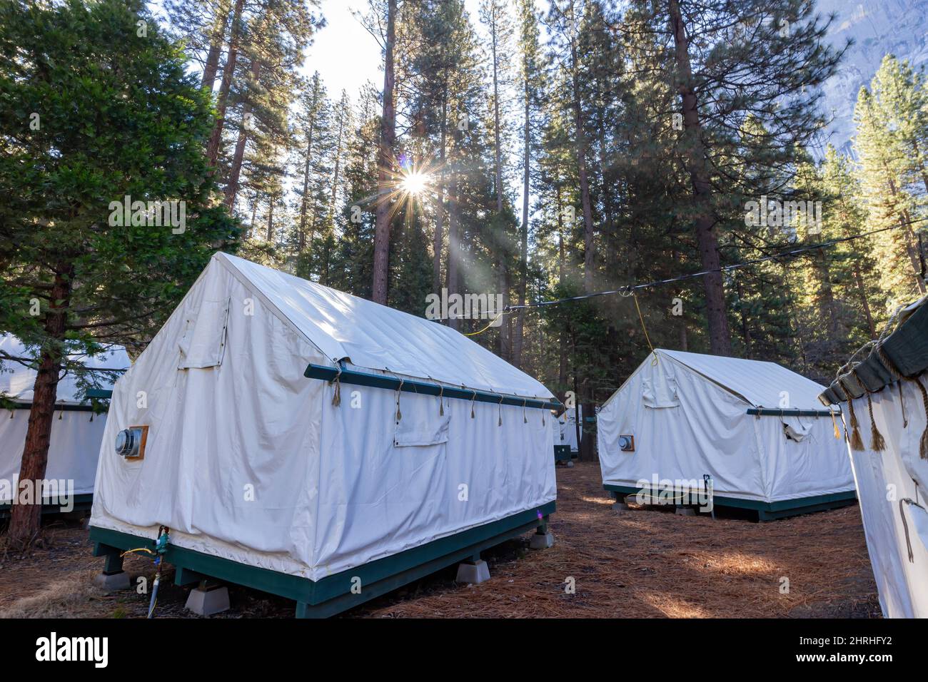 Sunny view of the Curry Village in Yosemite National Park at California ...