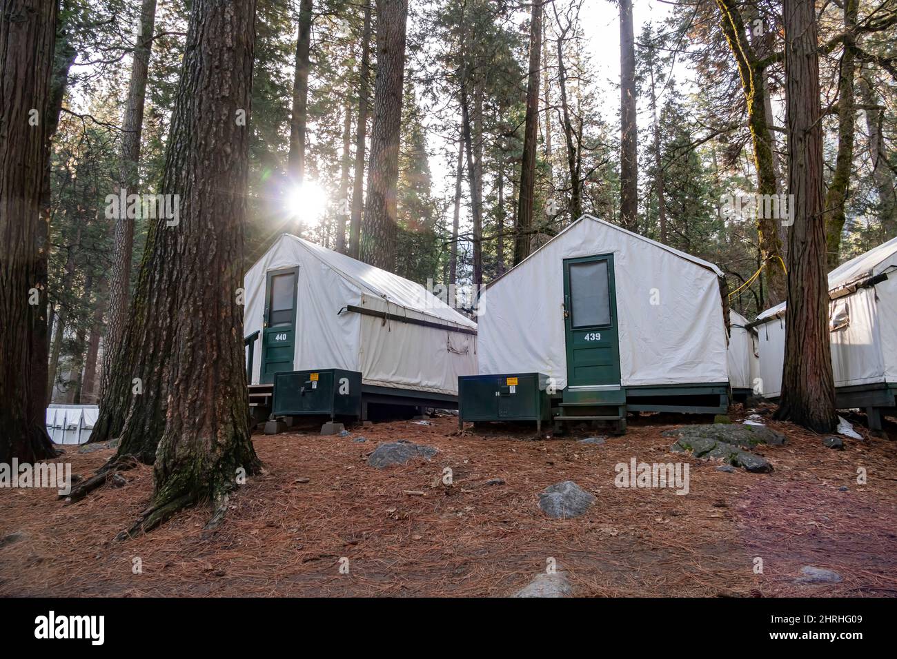 Sunny view of the Curry Village in Yosemite National Park at California ...