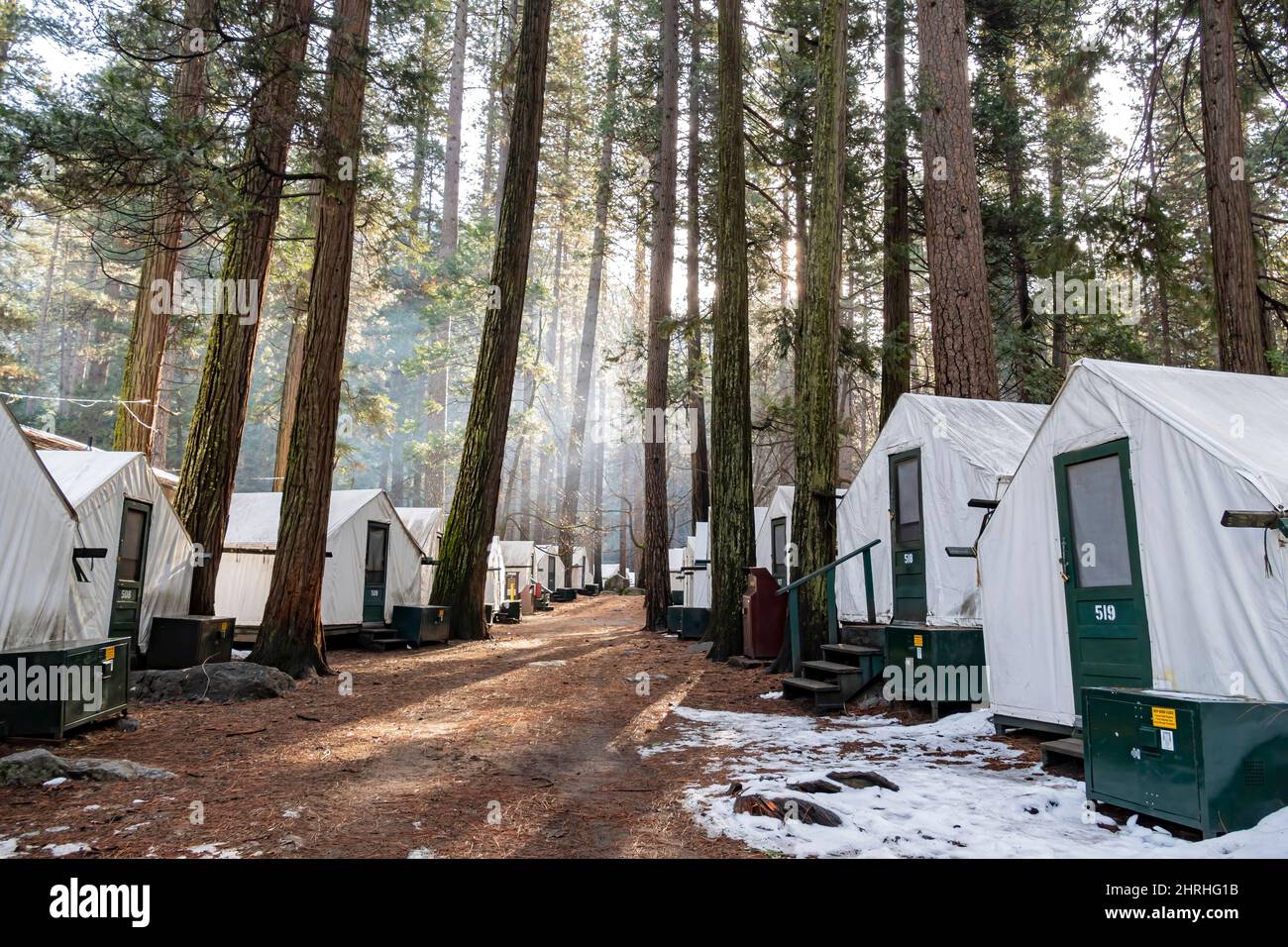 Sunny view of the Curry Village in Yosemite National Park at California ...