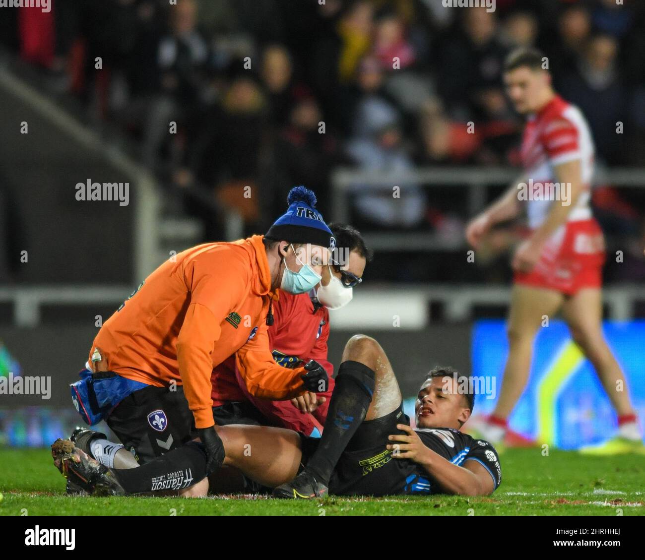 Corey Hall #30 of Wakefield Trinity receives treatment on the pitch ...
