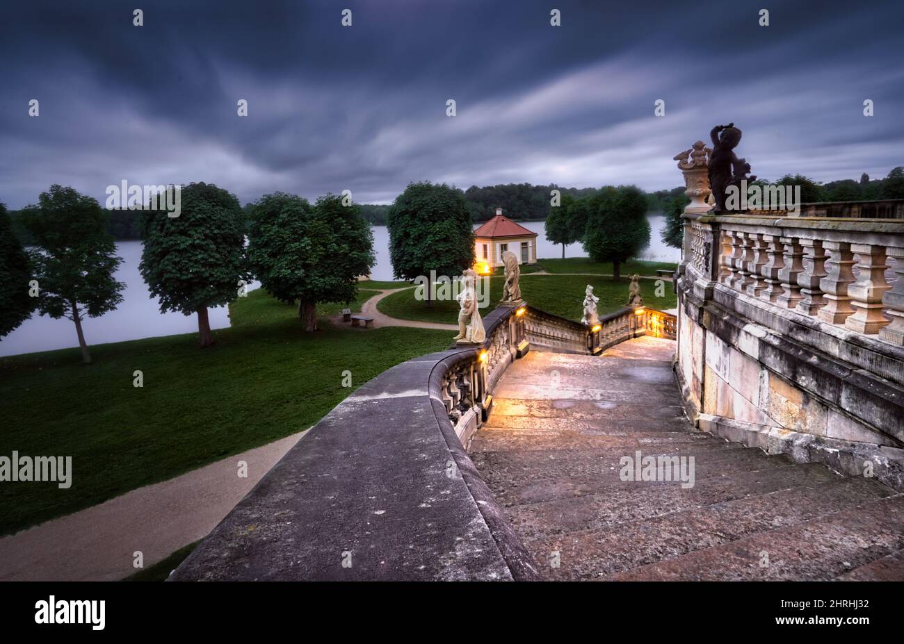 Beautiful view of Castle stairs exterior and trees with dramatic gray ...